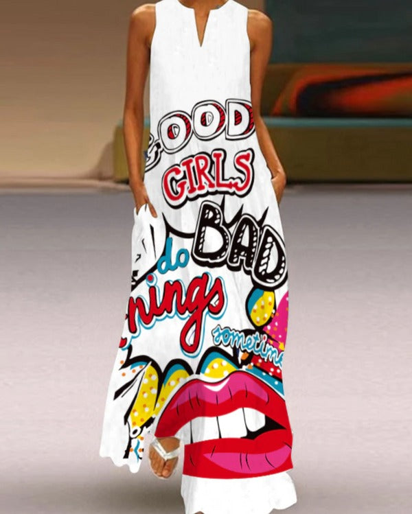 Trendy Red Lip Sleeveless Dress – Retro